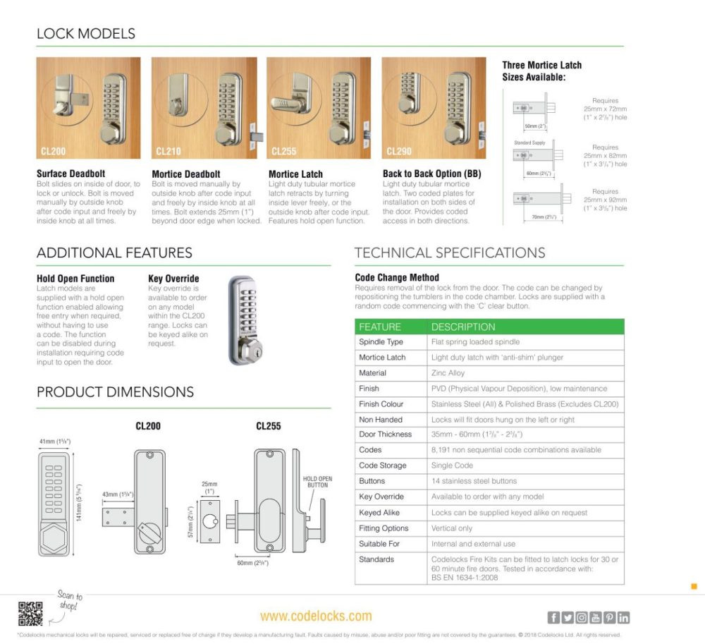 CODELOCKS Mechanical Digital Locks 200 series Mortice Bolt Key Override ...